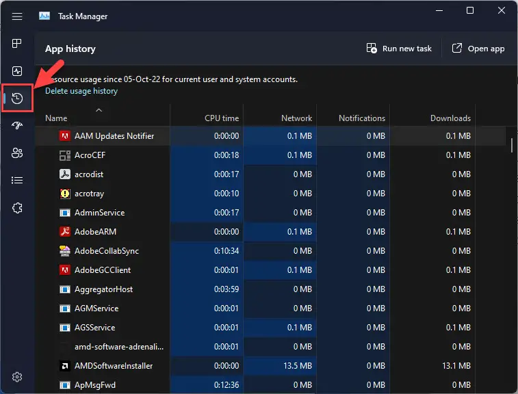 View History For All Processes In Task Manager In Windows 11/10